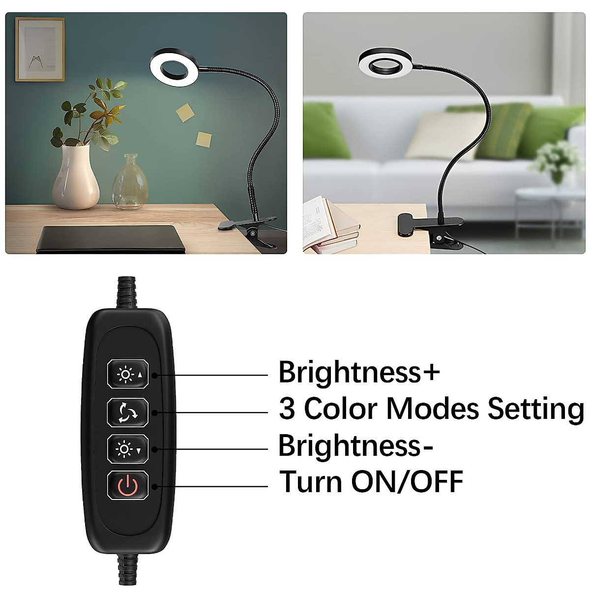 Juhefa Clip on Light, USB Powered LED Desk Lamp with Gooseneck for Reading in Bed, Headboard, Office, Makeup, 10-Level Dimmable, 3 Colors Changable (with Adapter)