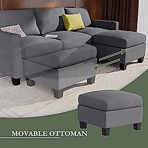 YESHOMY Convertible Sectional, Modern Linen Fabric L-Shaped Couch 3-Seat Sofa, Dark Gray