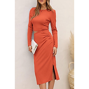 PRETTYGARDEN Womens 2024 Fall 2 Piece Outfits Track Suits Long Sleeve Crop Tops Bodycon Midi Skirt Slit Dress Matching Sets (Orange,Large)