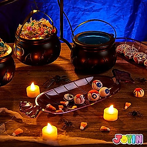 JOYIN 3 Witches Cauldron Serving Bowls, 2 Purple Candy Discs, a Black Metal Shelf with 3 Hooks, 6 PCS Halloween Party Decoration Set Black Plastic Candy Bucket Cauldron Bowls, for Halloween Outdoor and Indoor Decor