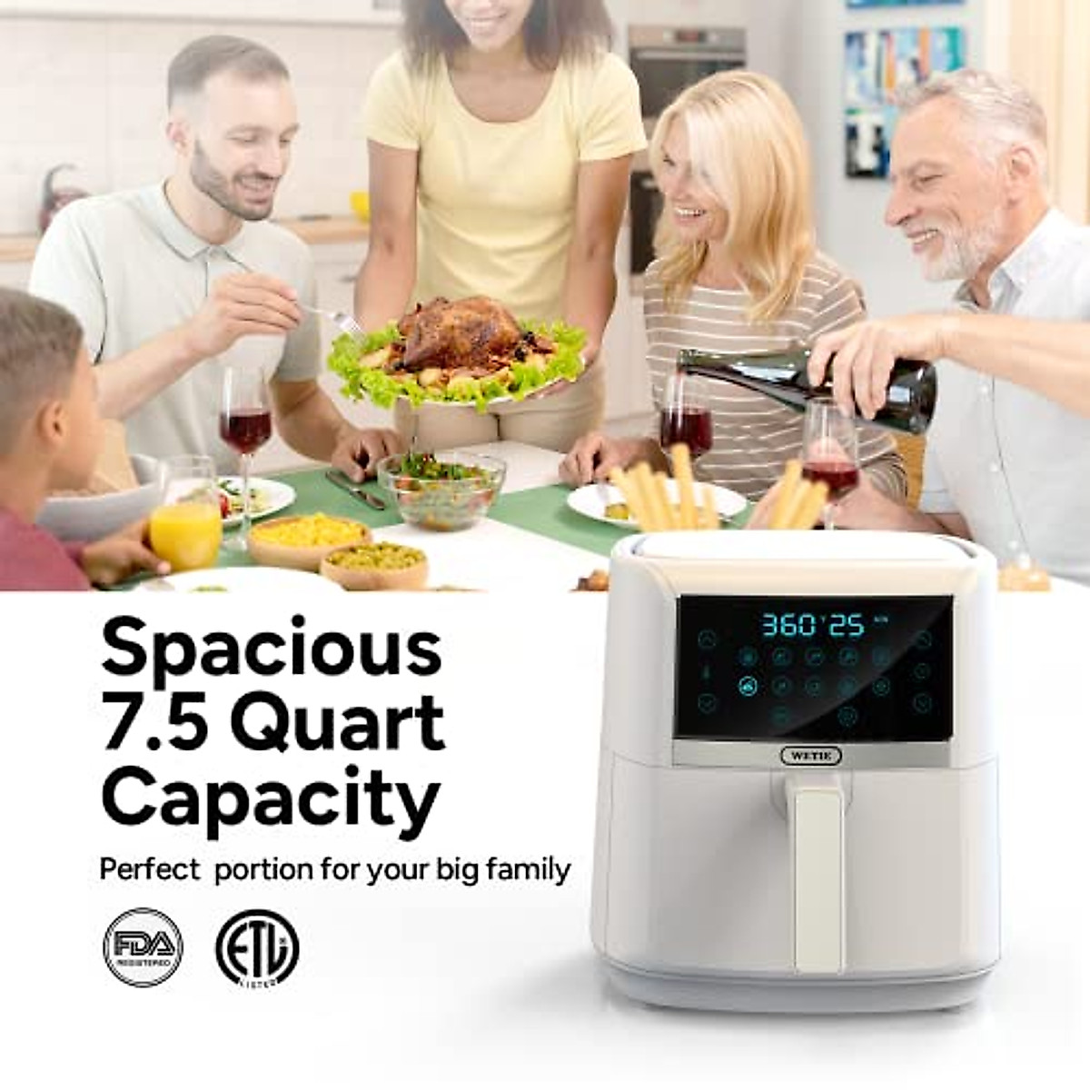 Air Fryer White, WETIE 7.5 Quart Air Fryer Oven Oilless Cooker, 1700W Hot Air Fryers with Digital LED Touch Screen, 10 Preset Cookings, Non-stick Basket, Suitable for Large Families, Recipe Included, White