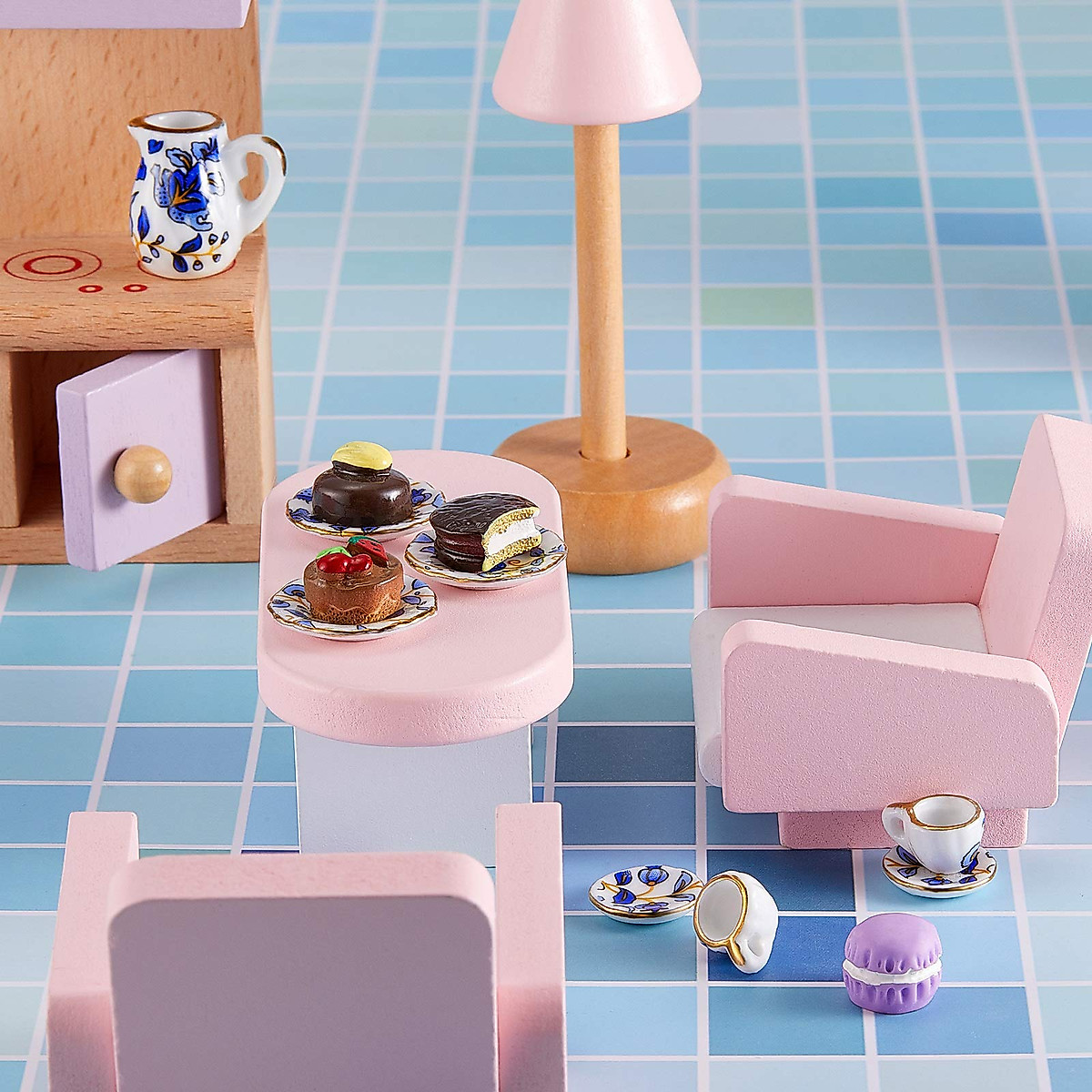 15 Pieces Miniature Porcelain Tea Cup Set Kitchen Miniature Porcelain Set Mini Flower Pattern Teapot Cup Plates Set Dollhouse Kitchen Accessories Set (Retro Flower Style)