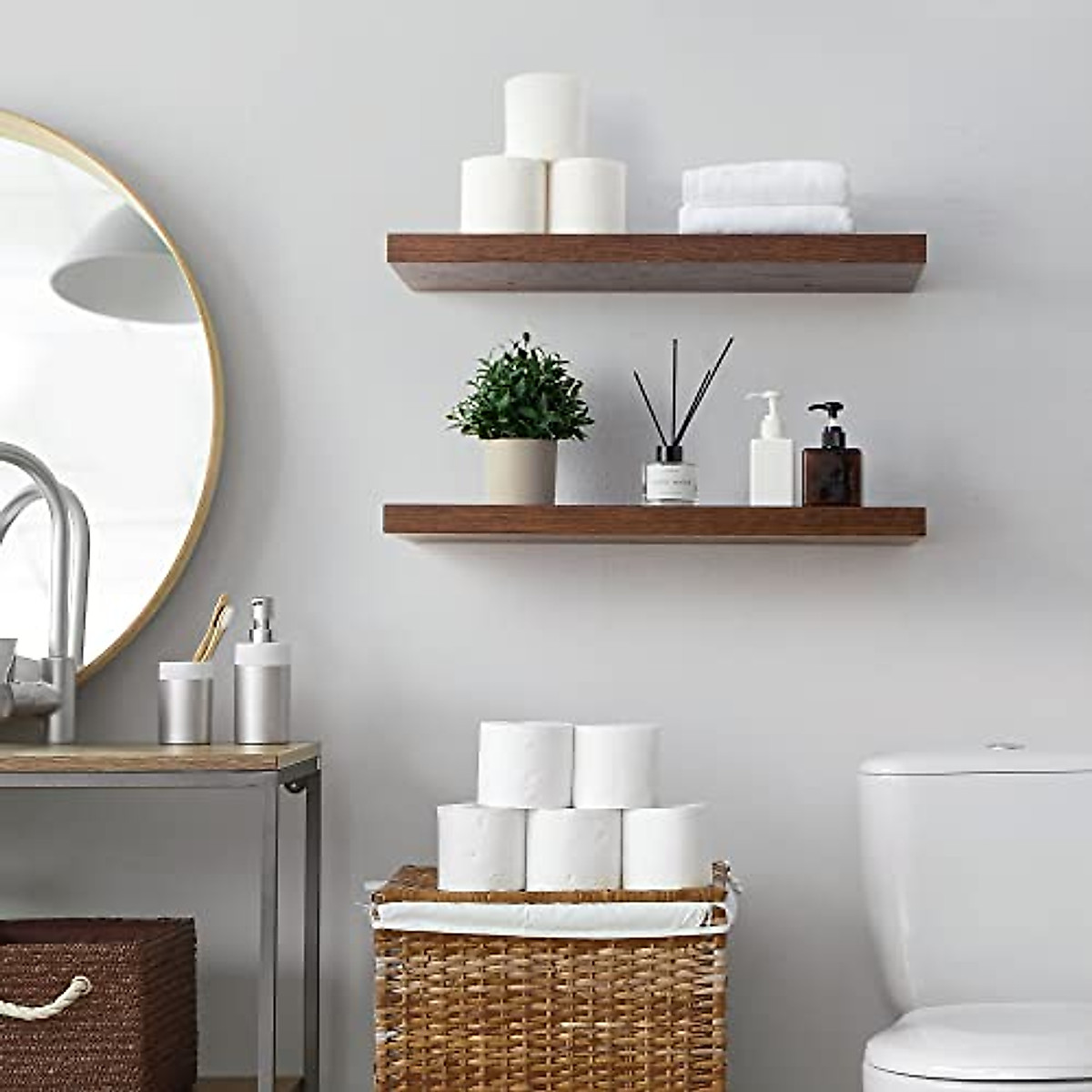 Floating Shelves, 8 Inch Deep Rustic Natural Oak Wall Shelves for Storage, Wall Mounted Wooden Display Shelving for Bedroom, Living Room, 24'' x 8'' Shelves, Dark Oak Color, Set of 2