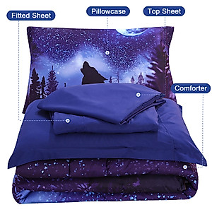 Wowelife Wolf Comforter Set Bedding Set Twin Blue 5 Pieces Forest Bedding Set Wolf Bed Set Twin Kids Bed in a Bag for Boys and Girls with Sheet Sets, Super Breathable Soft