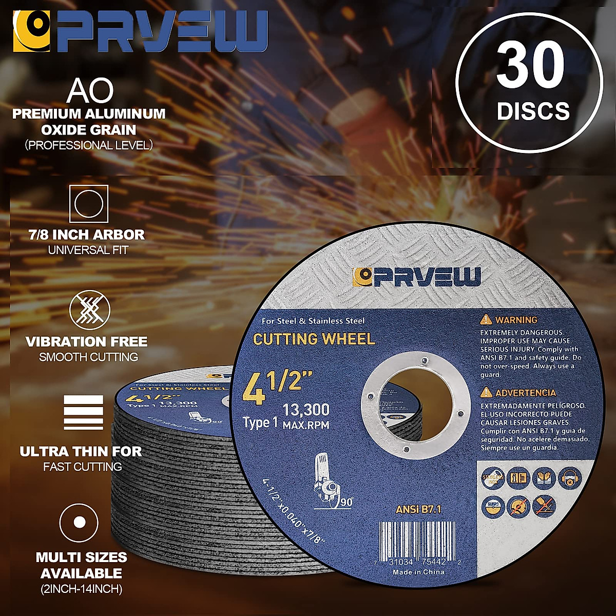PRVEW 30-Pack Cut Off Wheels 4 1/2 Inch,4.5"x0.04"x7/8" Angle Grinder Cutting Wheel Cutting Disc,4.5 Inch Cut Off Wheel for Metal&Stainless Steel, Grinder Wheels for General Purpose Metal Cutting