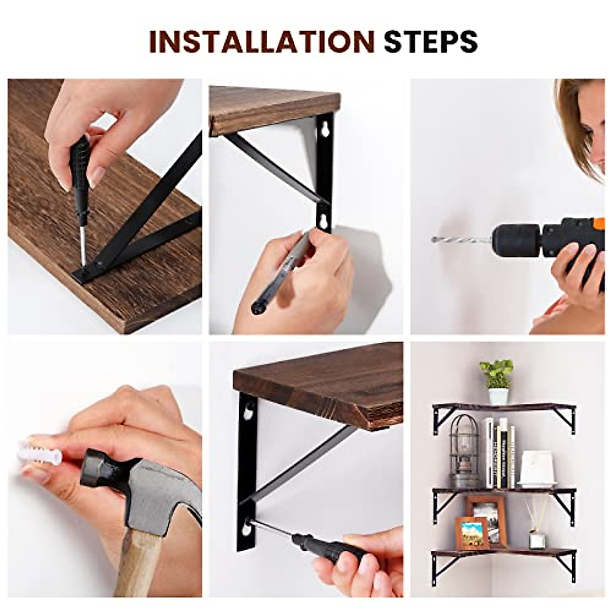 luium Corner Shelf Wall Mounted Set of 4, Rustic Natural Wood Display Storage Wall Shelves Bathroom, Bedroom, Kitchen, Living Room, Farmhouse, Floating Shelves for Wall Storage & Decor & Display