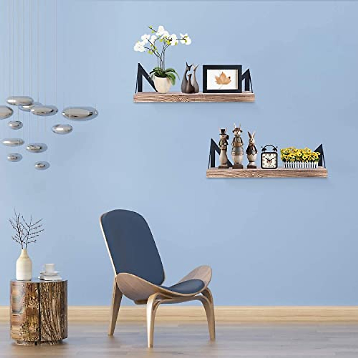 Klvied Floating Shelves Wall Mounted Set of 4, Rustic Wood Wall Shelves, Storage Shelves for Bedroom, Living Room, Bathroom, Kitchen, Office and More, Carbonized Black