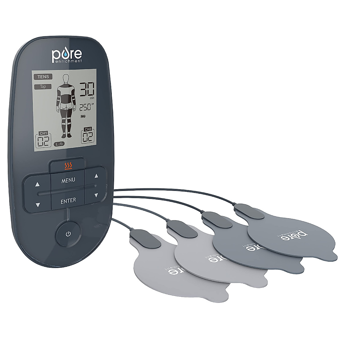 Pure Enrichment® PurePulse™ Trio TENS & EMS Muscle Stimulator + Heat - Electronic Pulse Massager with 9 TENS Modes, 7 EMS Modes, 2 Heat Settings, Advanced Relief for Back, Neck, and Shoulder Pain