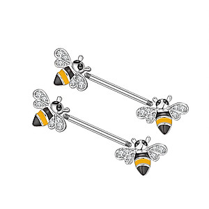 14G Cute Bee Stainless Steel Nipple Tongue Rings for Women Girls Crystal Cubic Zirconia Honeybee Barbells Nipplering Piercing Bar Nipple Studs Straight Shield Ring Sexy Body Jewelry