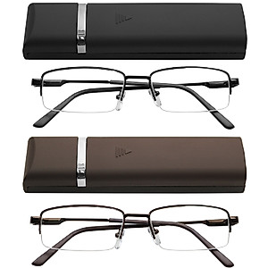 Reading Glasses 2 Pair Black and Brown with Cases Ultra Thin Lightweight Spring Hinge Glasses for Reading for Men and Women +1.75
