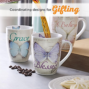 Christian Art Gifts Botanic Butterfly Blessings Coffee/Tea Mug Set w/Scripture Teal Grace Butterfly, Purple Blessed Butterfly, Pink Believe Butterfly, Yellow Hope Butterfly, Microwave/Dishwasher Safe