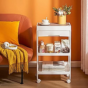 POCHY Multipurpose Kitchen Storage Wagon Service Trolley Cart 3 Tier Rolling Cart with Lockable Wheels Multifunction Movable Storage Shelves for Bathroom Office Balcony Living Room (Color : White, S