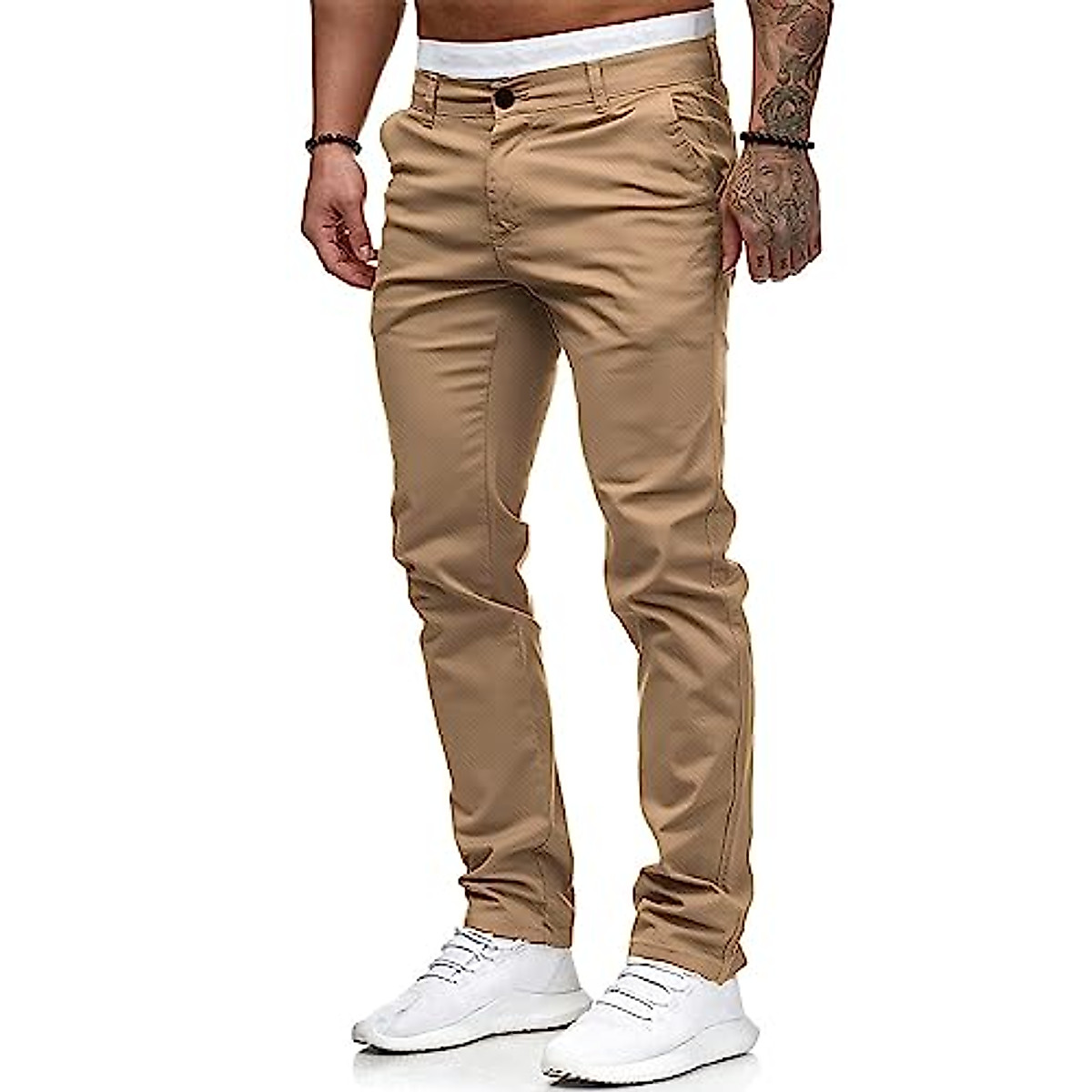 ALLABREVE Men's Chinos Casual Dress Pants Slim Fit Skinny Stretch Flat-Front Lightweight Comfort Slacks (Khaki 34)