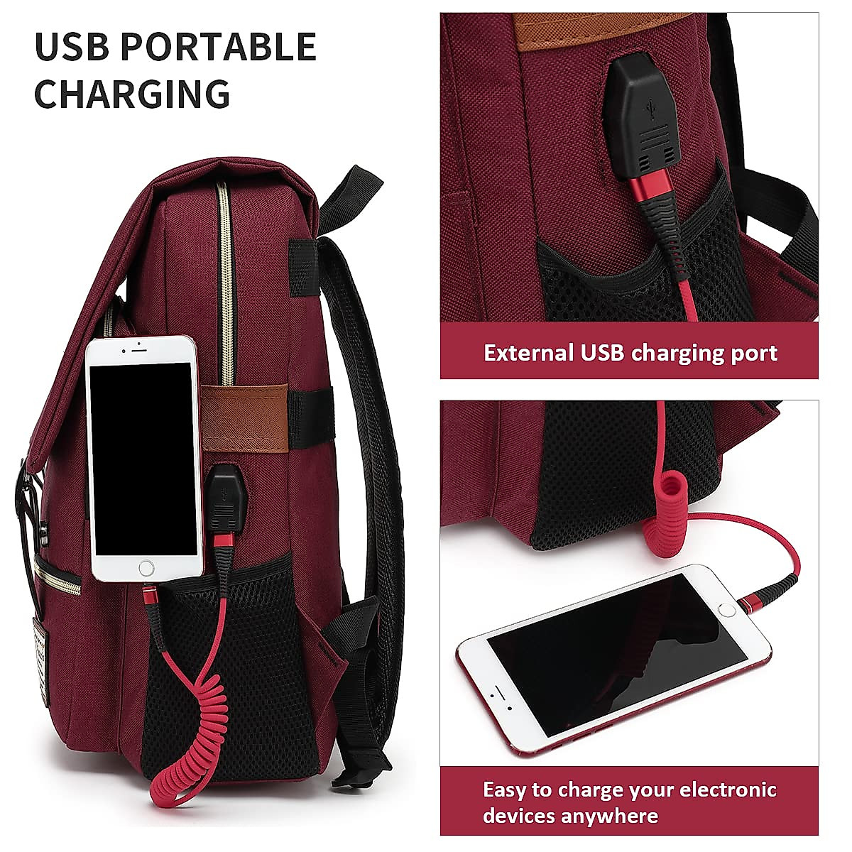 Mancio Vintage Slim Laptop Backpack for Women Men,Tear Resistant Business College Bag with USB Charging Port,Fits up to 15.6Inch Laptop in Red