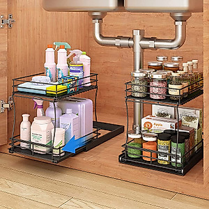 MUUBOOX Under Sink Cabinet Organizer Storage,Pull Out Cabinet Organizer with 2 Tier Pull Out Sliding Shelf with Protective Shelf Liners for Kitchen Bathroom Cabinet 11.6Wx15.8Dx13.3H-Inch (Black)