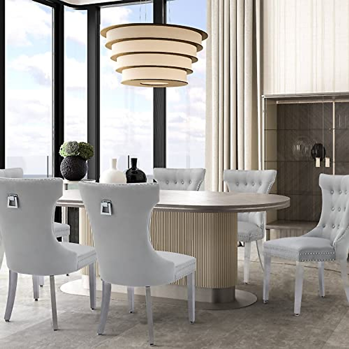 adochr Modern Velvet Dining Chairs Set of 4, Upholstered Dining Chair with Stainless Steel Metal Legs, Chairs Button Tufted Back, Grey