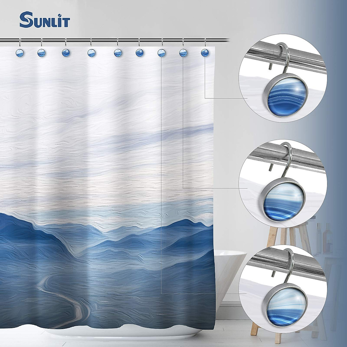 Sunlit Round Crystal Glass Decorative Shower Curtain Hooks, Rust Proof Oil Rubbed Metal Shower Curtain Rings-12 Pack, Gradient Blue