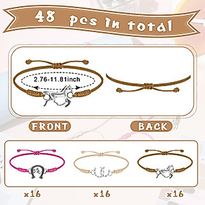 Sureio 48 Pcs Horse Rope Braided Bracelet Gifts Bulk Horse Goodie Party Favors Western Cowgirl Cowboy Adjustable Wedding Bridal Shower Bracelets for Women (Rose Red, Light Brown, Dark Brown)