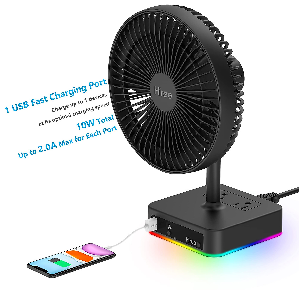 Hiree Desk Fan with USB Charging Port, 6.7 Inch 2 Speeds Small Desktop Table Fan with USB Charger, AC Outlet and LED Light, Strong Wind, Quiet Operation - Suitable for Bedroom, Home, Dorm Room