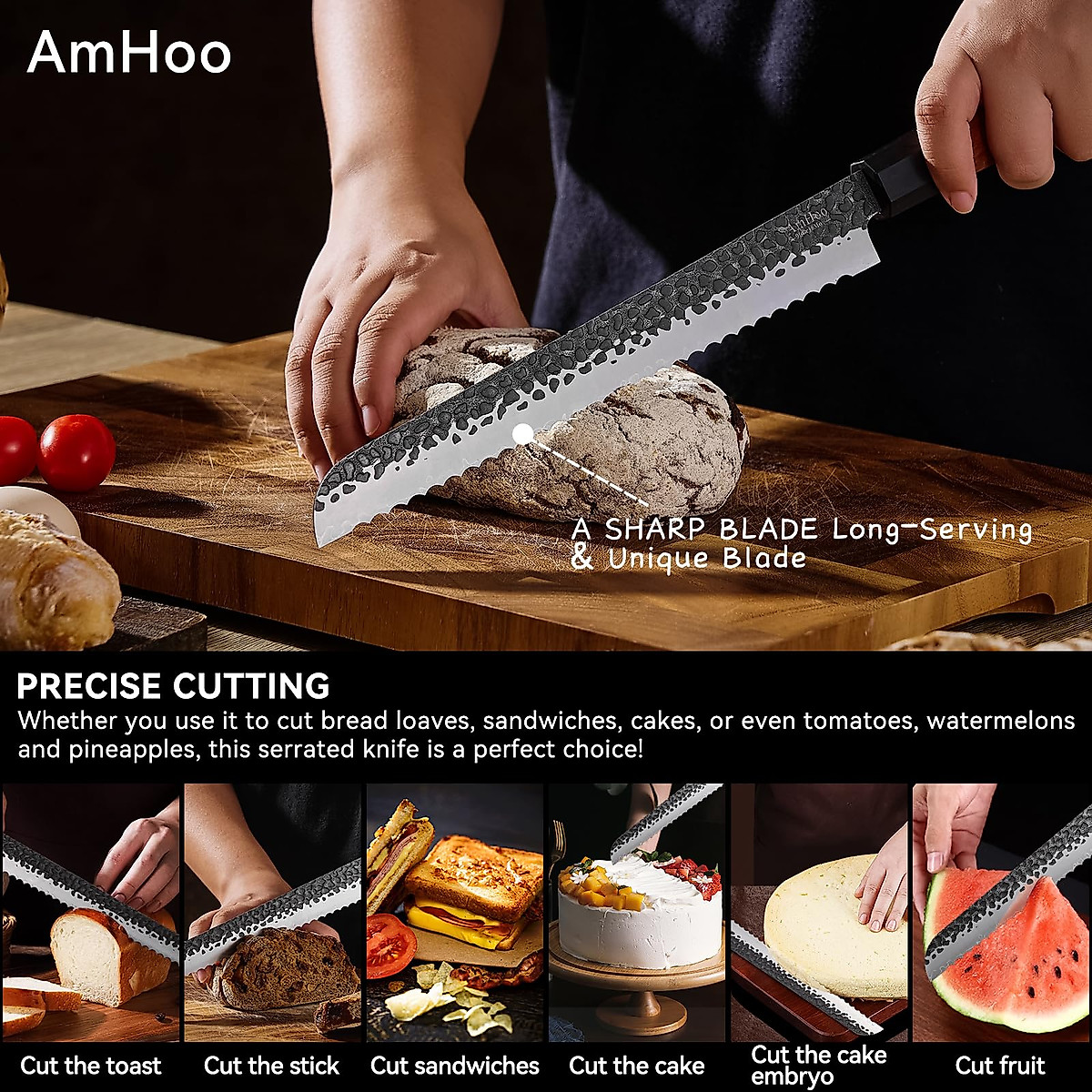 AmHoo Bread Knife 10-inch 9CR18MOV High Carbon Stainless Steel Professional Hand Forged Ultra Sharp Serrated Handle Rosewood for Homemade Bread Cake Christmas Gifts