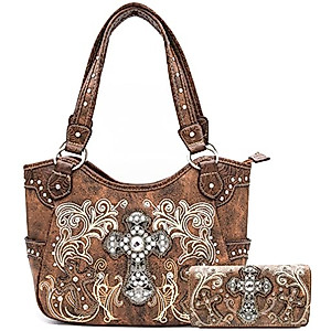 Western Style Rhinestone Cross Tote Concealed Carry Purse Laser Cut Handbag Women Shoulder Bag Wallet Set (#2 Brown)
