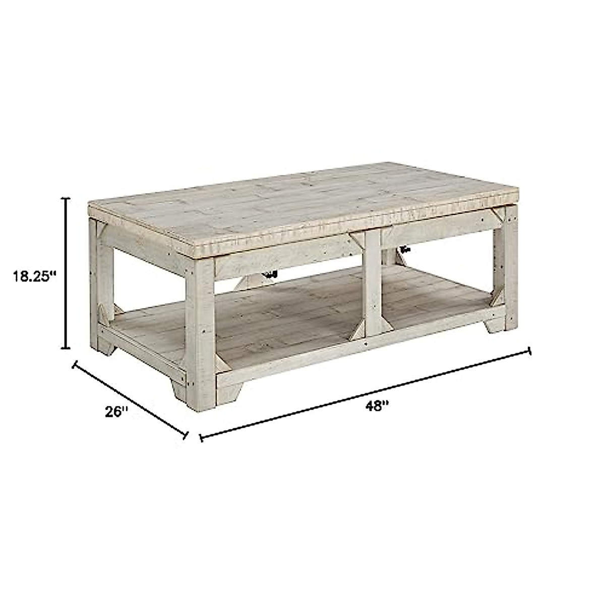 Signature Design by Ashley Fregine Farmhouse Rectangular Lift Top Coffee Table with Floor Shelf, Whitewash with Weathered Finish