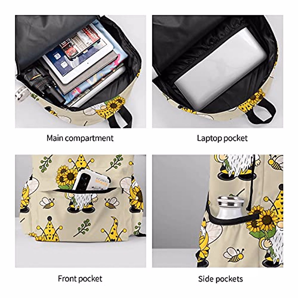 KiuLoam 17 Inch Backpack Gnomes Bees And Sunflowers Laptop Backpack Shoulder Bag School Bookbag Casual Daypack