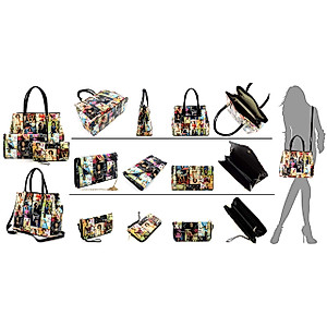 JUNZUP Glossy Magazine Cover Collage Michelle Obama Printed Satchel Bag + Envelope Clutch + Wallet 3pcs Set (Grey/Bk)