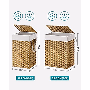 SONGMICS Laundry Hamper with Lid, 17.2 Gallon (65L) Synthetic Rattan Clothes Laundry Basket with Lid and Handles, Foldable, Removable Liner, Natural ULCB165N01