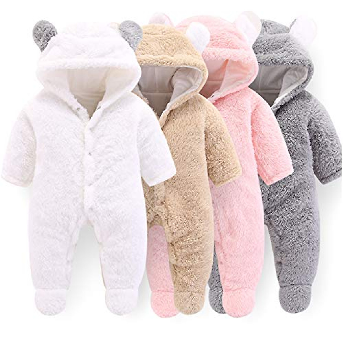 VNVNE Newborn Baby Cartoon Bear Snowsuit Warm Fleece Hooded Romper Jumpsuit (Pink,0-3 Month)