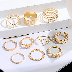 Uarein 22Pcs Gold Boho Stackable Knuckle Rings Set - Heart, Pearl, Butterfly, Vintage, Adjustable Statement Rings - Jewelry Gifts (A)