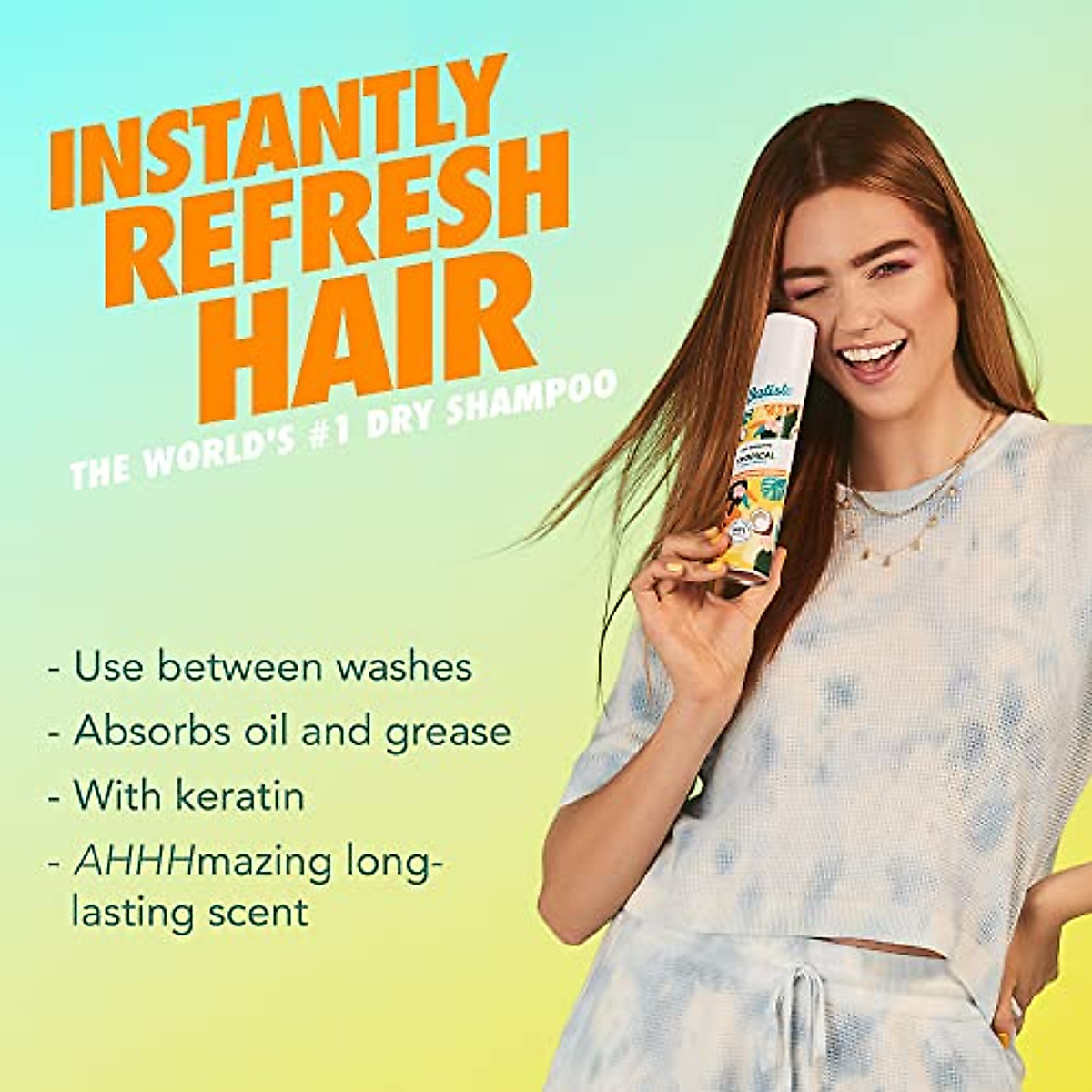 Batiste Dry Shampoo, Tropical Fragrance, Refresh Hair and Absorb Oil Between Washes, Waterless Shampoo for Added Hair Texture and Body, 6.35 OZ Dry Shampoo Bottle