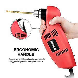 NEIKO 10529A 3/8" Right Angle Drill, 55-Degree Angle Close Quarter Corded Drill, Variable Speed Power Drill (0-1400 RPM), 120 Volt, Spin Key, Angle Grip