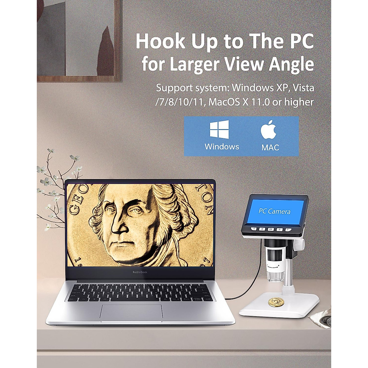 4.3" Coin Microscope - Aopick LCD Digital Microscope 1000X, 1080P USB Coin Magnifier for Error Coins with 8 Adjustable LED Lights, PC View, Compatible with MacOS Windows