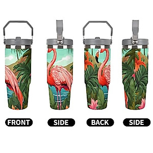 BWQJKUO Large Capacity Car Cup 30 Oz Stainless Steel Tropical Flamingo Printed Travel Mug Leak-proof Flip Straw Tumbler with Handle,keeps Cold Or Ho