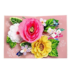 LoveEcho Birthday Card, Elegant Peony& Camellia Pop Up Card, 5x7-3D Greeting Care with Note Card & Envelope for Birthday, Anniversary, Thank You, Thanksgiving, Christmas, Get Well, Thinking of You, Congrats, or Any Occasionfor Her, Women, Wife, Mom, Grand