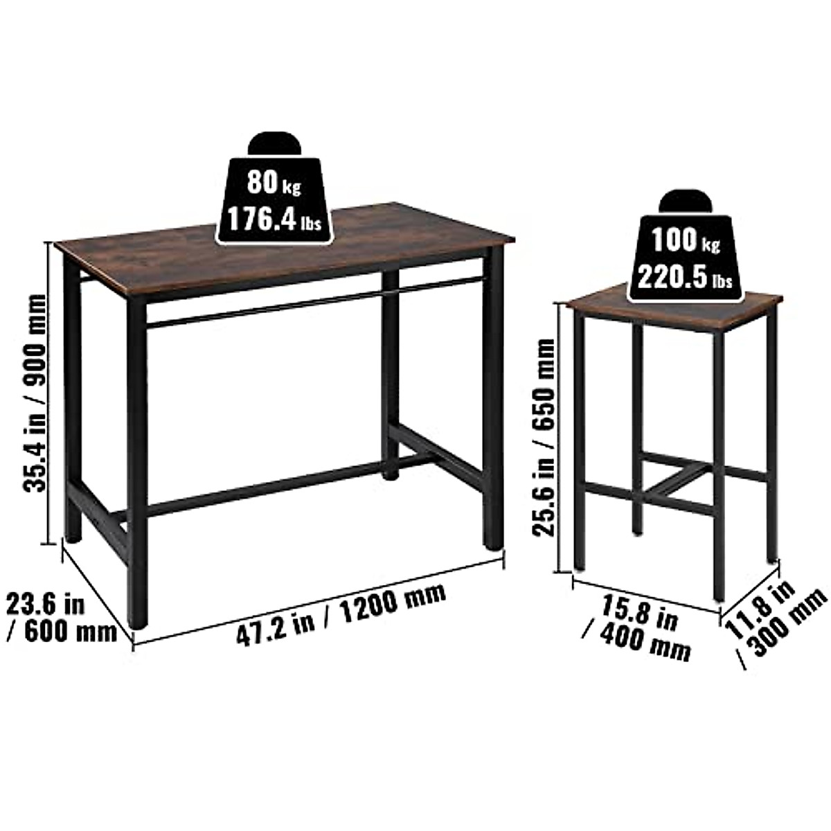 VEVOR Bar Table and Chairs Set 47" Pub Table Set with 4 Bar Stools Kitchen Dining Table and Chairs Set for 4 Iron Frame Counter Height Dining Sets for Home, Kitchen, Living Room