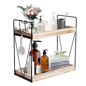 Bathroom Counter Shelf Organzier Vanity Organziers and Storage,2 Tier Bathroom Organizer Countertop Vanity Rack Orgnizer Trays for Bathroom, Cosmetic Holder Wood Shelf for Sink Kitchen Spice Rack