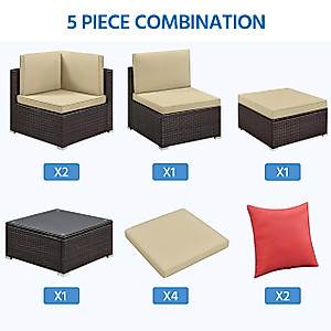 Yaheetech Patio Furniture Set, 5-Piece Outdoor/Indoor Rattan Wicker Sofa Set w/Glass-top Table & Cushions, All-Weather Conversation Lounge Set for Porch/Yard/Poolside/Balcony - Brown/Khaki