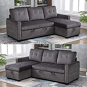 HABITRIO Sectional Sofa with Reversible Storage Lounge Chaise, 77" Modern L-Shape Corner Couch w/Roll-Out Sleeper Bed, Velvet Upholstered Nail Head Trim Seating Furniture for Living Room, Office