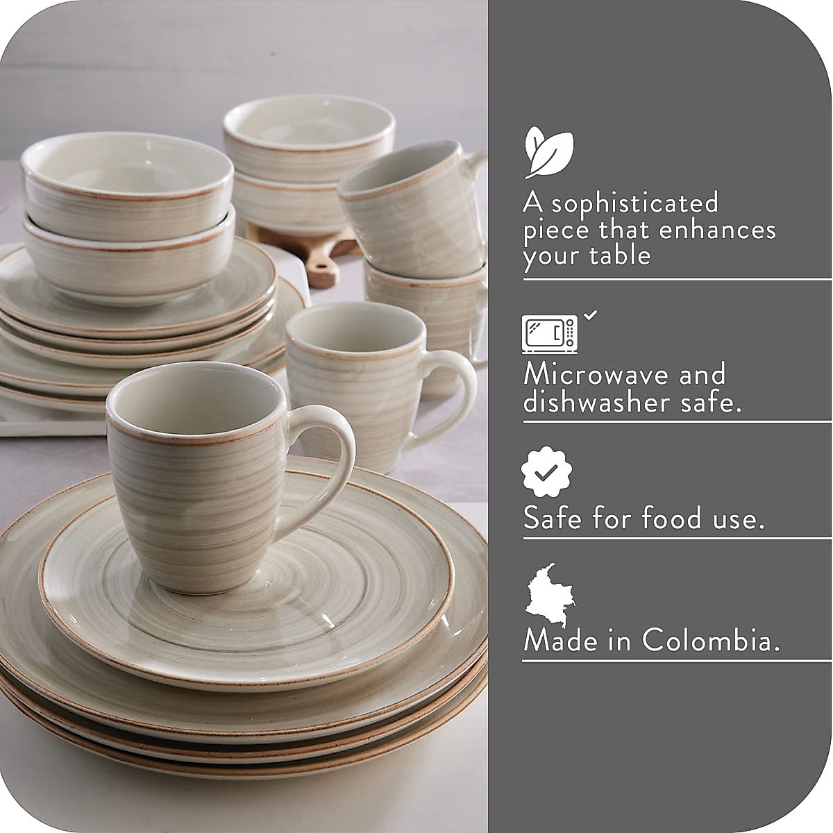 Corona Dinnerware Set 16– piece, Plates Bowls and Mugs Set, Ceramic Sets for 4, Microwave and Dishwasher Safe, Gray Caoba Hand-Painted Design