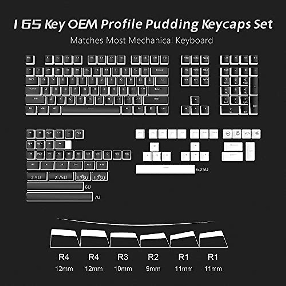 XVX Pudding Keycaps,141+24 Custom Keys Set, OEM Profile, Universal Compatiability for 100%, 75%, 65%, 60% Keyboard (Black)