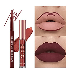 LANGMANNI 6 Matte Lipstick with 6 Lipliners Durable Makeup Set,Long-Lasting Non-Stick Cup Not Fade Waterproof Pigmented Velvet Lipgloss Kit Beauty Cosmetics Makeup Gift for Girls(12PCS)