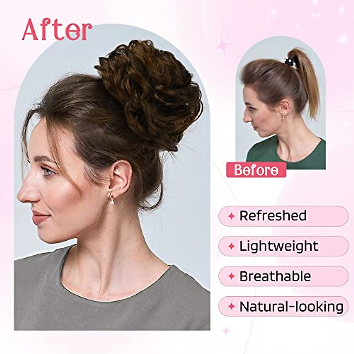 HOOJIH Messy Bun Hair Piece, 2PCS Tousled Updo Hair Extensions Hair Bun HCB001 Daisy Curly Wavy Ponytail Hairpieces Hair Scrunchies with Elastic Rubber Band for Women Girls - Silver Gray