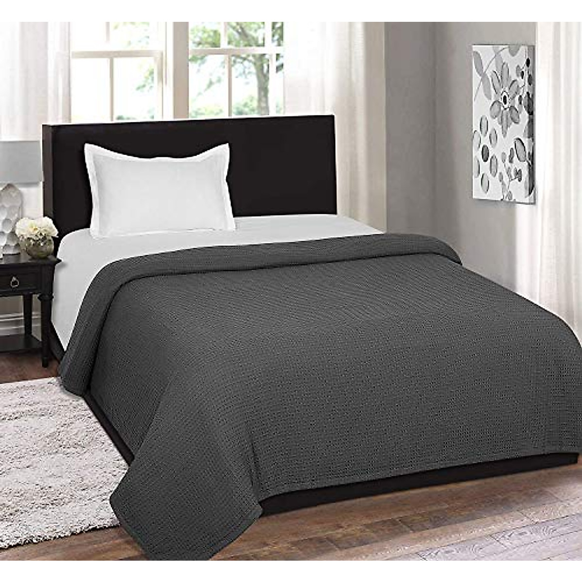 WOVEN ST. Throw Cotton Bedspread - Traditionally Woven - 50 x 60 Inches Throw Over Blankets - 100% Cotton Bed Blankets for Couch, Chair, Bed - Soft, Cozy & Comfortable - Charcoal