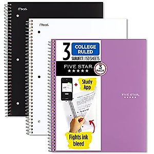 Five Star Spiral Notebook + Study App, 3 Pack, 3 Subject, College Ruled Paper, Fights Ink Bleed, Water Resistant Cover, 8-1/2" x 11", 150 Sheets, Black, White, Purple (820192)