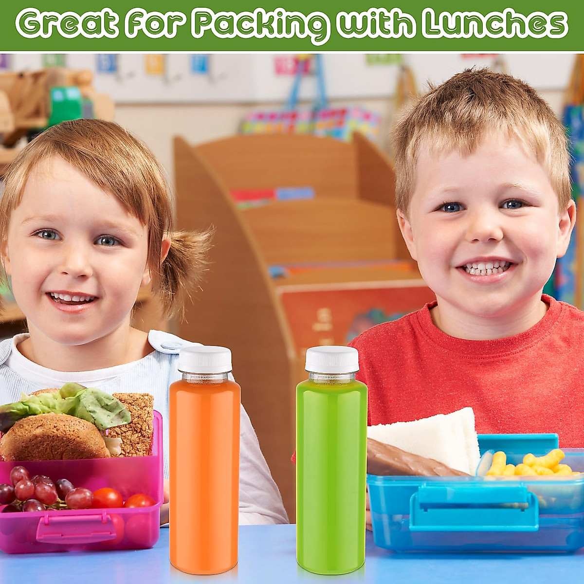 Thenshop 24 Pcs 12 oz Clear Plastic Juice Bottles with White Tamper Evident Lids Reusable Beverage Bottles Empty Drink Containers for Juicing Milk Smoothie Water Fridge Storage