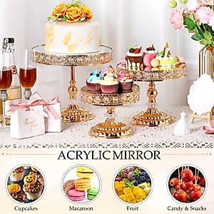 Nuanchu 6 Pcs Wedding Metal Cake Stand Set with Crystal Beaded Mirror Top Cake Display Stand Cupcake Display Plate Crystal Dessert Cheese Stand Cake Holder (Gold)