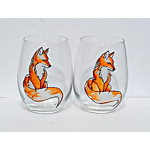 Red Fox Hand Painted Stemless Wine Glass Set of 2 Fall Farmhouse Home Decor