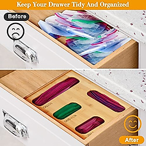 Bamboo Ziplock Bag Organizer For Drawer And Wall, Baggie Organizer Dispenser, Food Storage Bag Organizer Fits For Ziploc Solimo Glad Hefty For Gallon Quart Sandwich And More Zip Lock Bags - 4 Slots